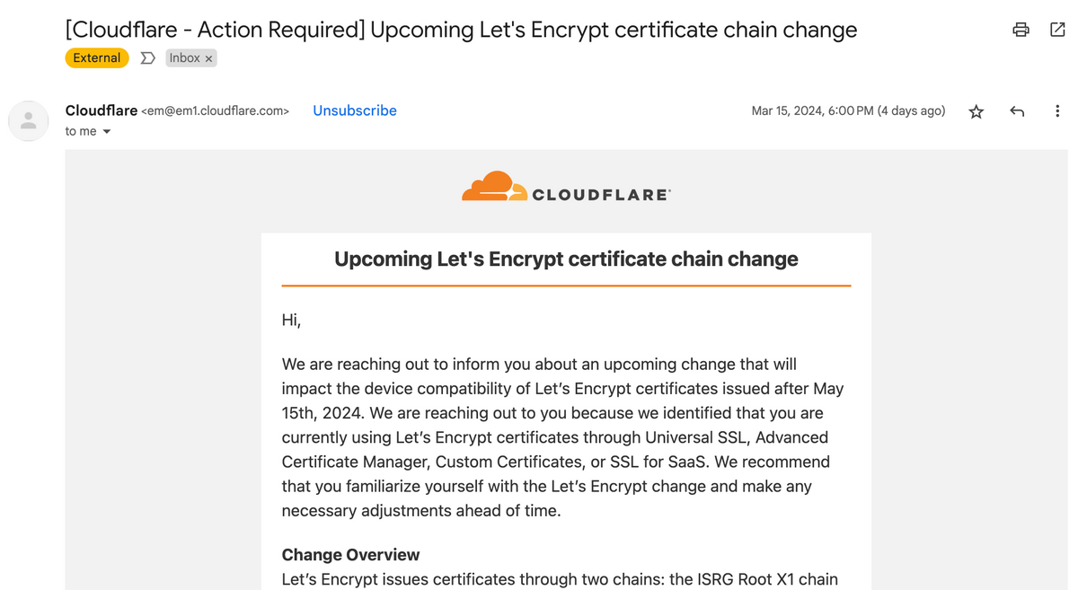 Solving Cloudflare's Action Required Upcoming Let's Encrypt Certificat – One Scales